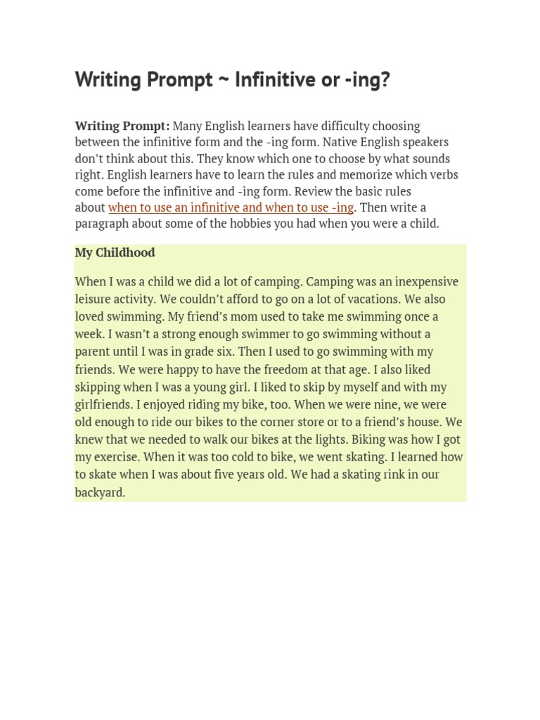 Writing Prompt Infinitive or - Ing?: Writing Prompt: Many English ...