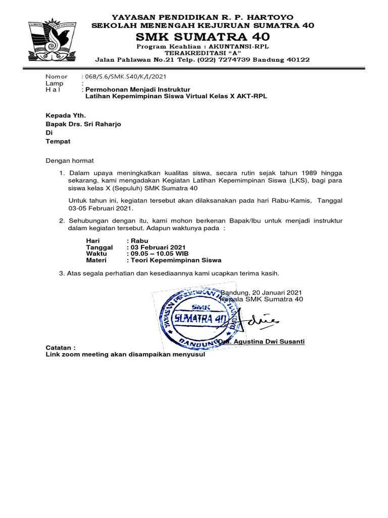 Surat Permohonan Instruktur LKS 2020-2021 Drs. Sri Raharjo | PDF