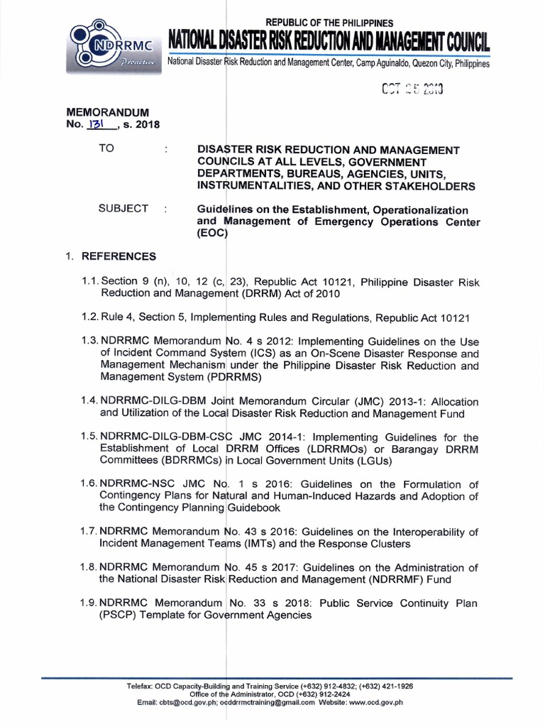 NDRRMC Memo No. 131 S 2018 Guidelines On The Establishment ...