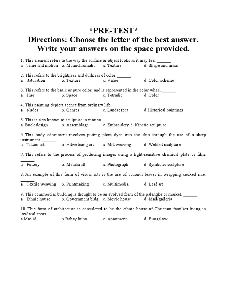 Pre-Test Directions: Choose The Letter of The Best Answer. Write Your ...