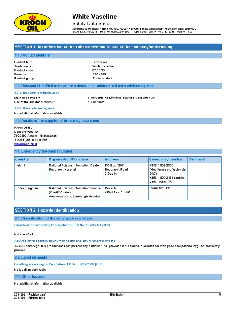 White Vaseline: Safety Data Sheet | PDF | Dangerous Goods | Toxicity