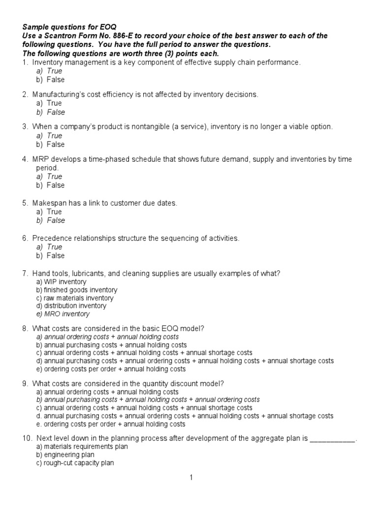 Sample Test Questions For EOQ | PDF | Inventory | Systems Science