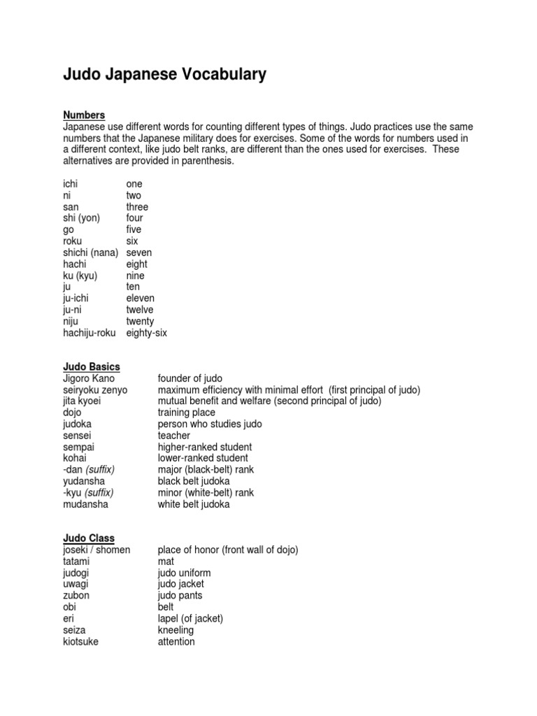 Judo Japanese Vocabulary: Numbers | PDF | Judo | Syllable