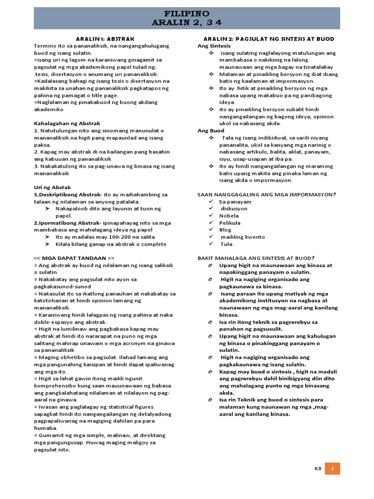 FILIPINO Aralin 123 Reviewer | PDF