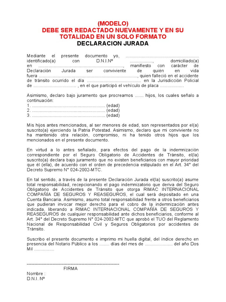 Modelo de Carta de Declaracion Jurada (Hijos Menores) Ok | Descargar gratis PDF | Seguro | Justicia