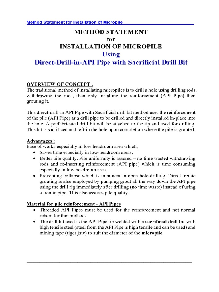 Using Direct-Drill-in-API Pipe With Sacrificial Drill Bit: Method ...