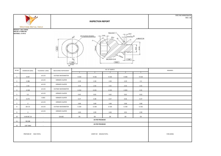 Inspection Report: Product: Ball Screw DRG - NO. LP-IM02-001 Material ...
