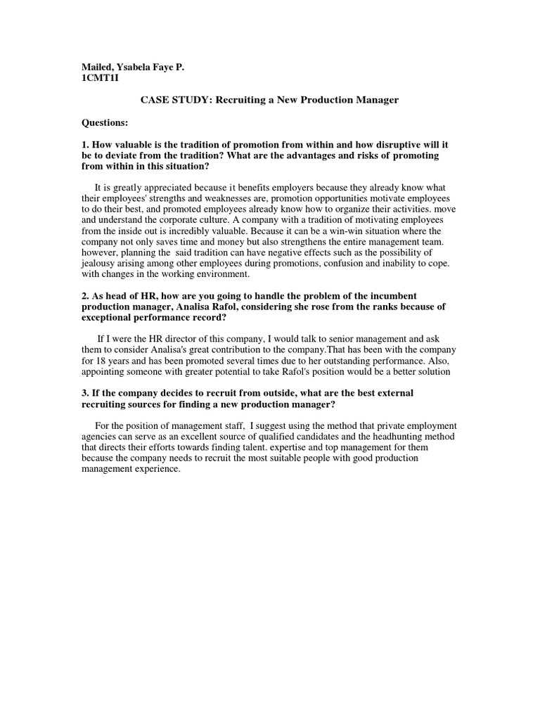 CASE STUDY: Recruiting A New Production Manager | PDF