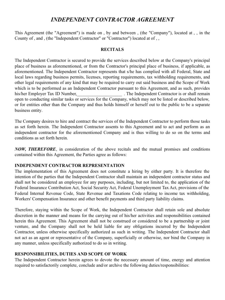 Independent Contractor Agreement Template | PDF | Indemnity | Employment