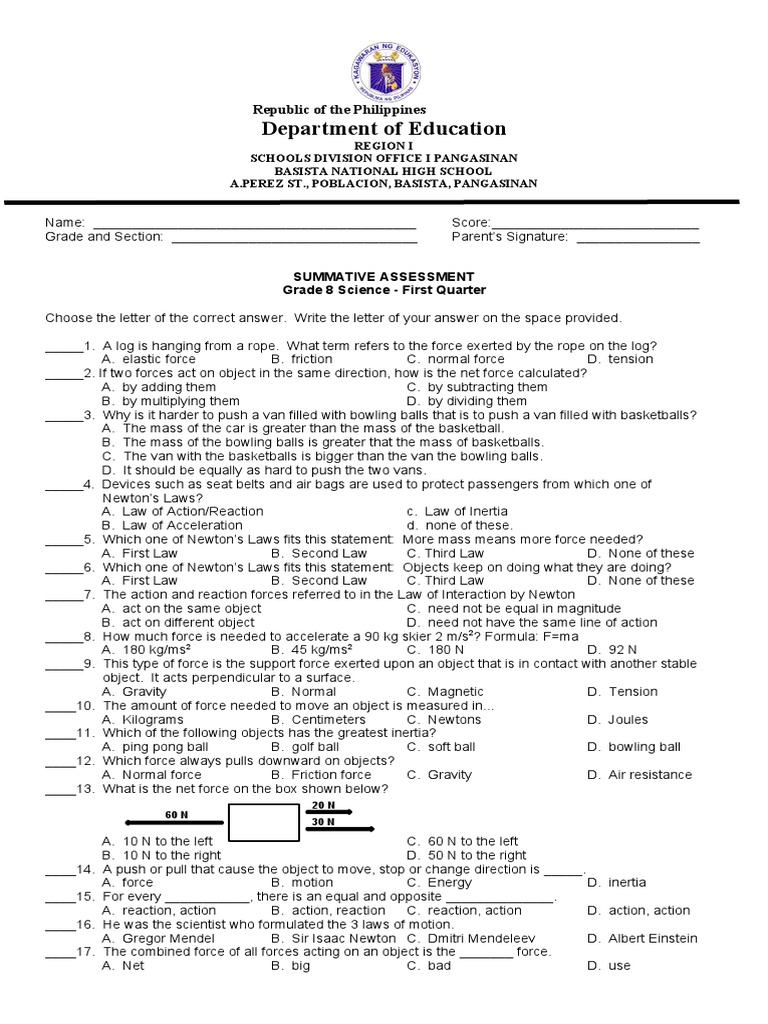 Science 8 Quarter I Summative Test | PDF | Force | Electrical ...