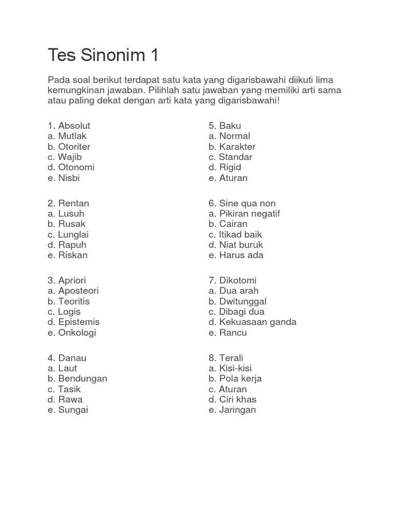 Tes Sinonim 1 | PDF