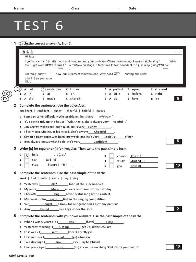 Think Level 1 Unit Test 6 | PDF