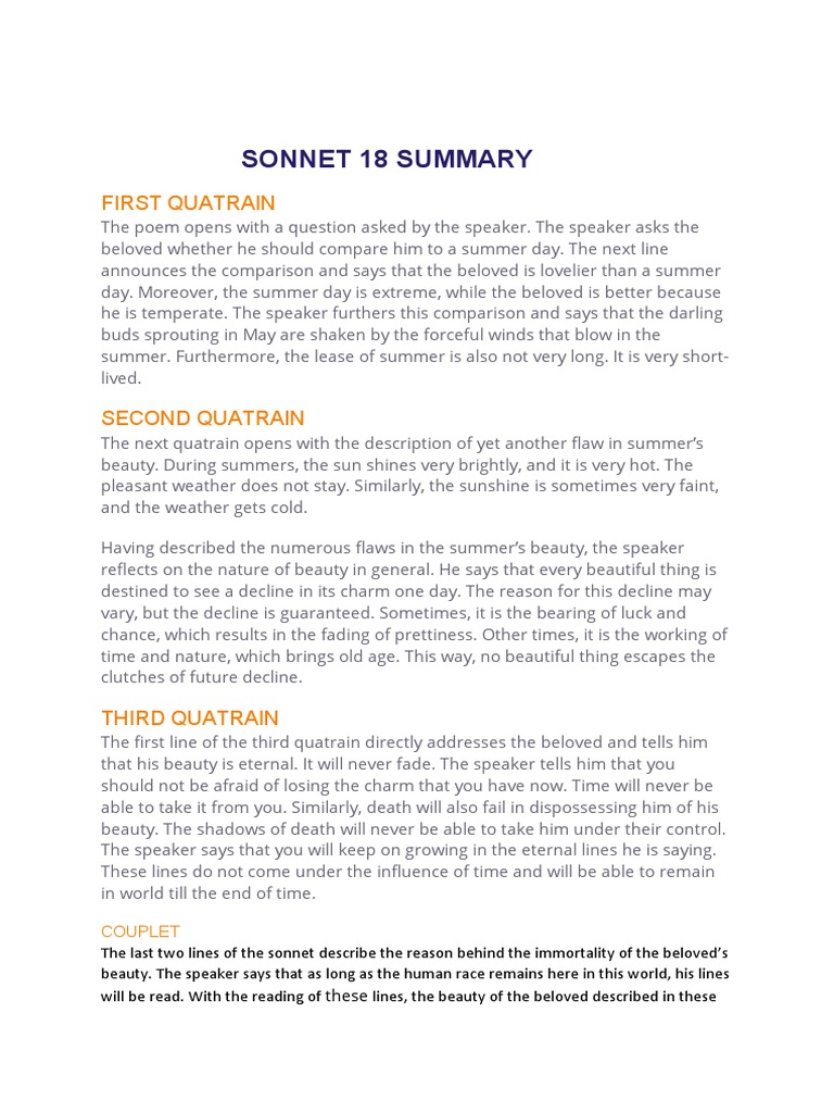 Sonnet 18 Summary: First Quatrain | PDF | Poetry | Poetic Form