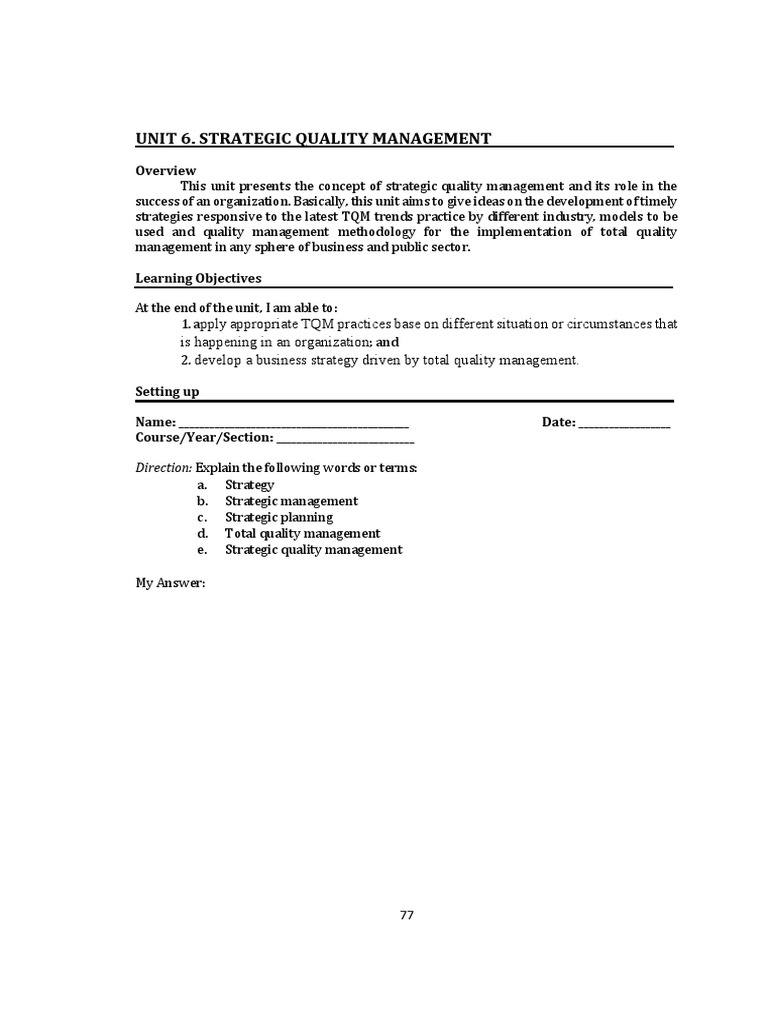 Unit Vi. Strategic Quality Management | PDF | Strategic Management ...