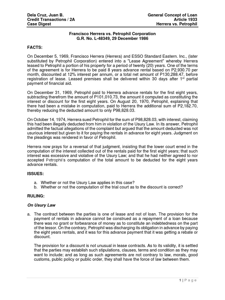 Sample Case Digest | PDF | Loans | Interest