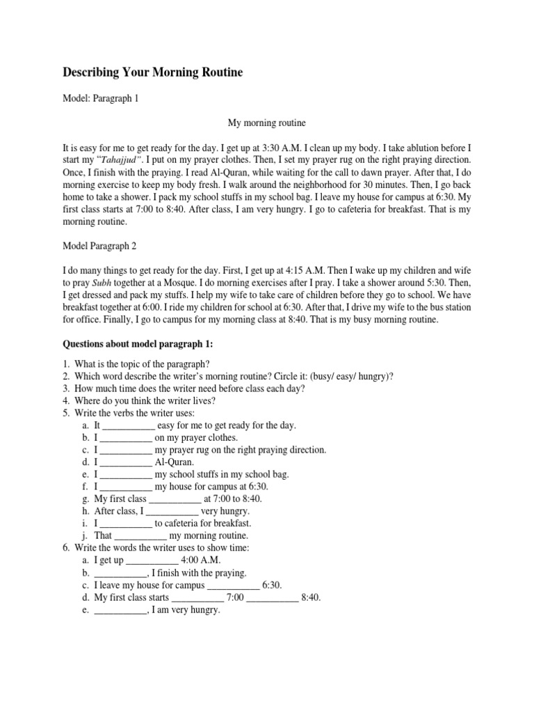 Describing Your Morning Routine: Questions About Model Paragraph 1 ...