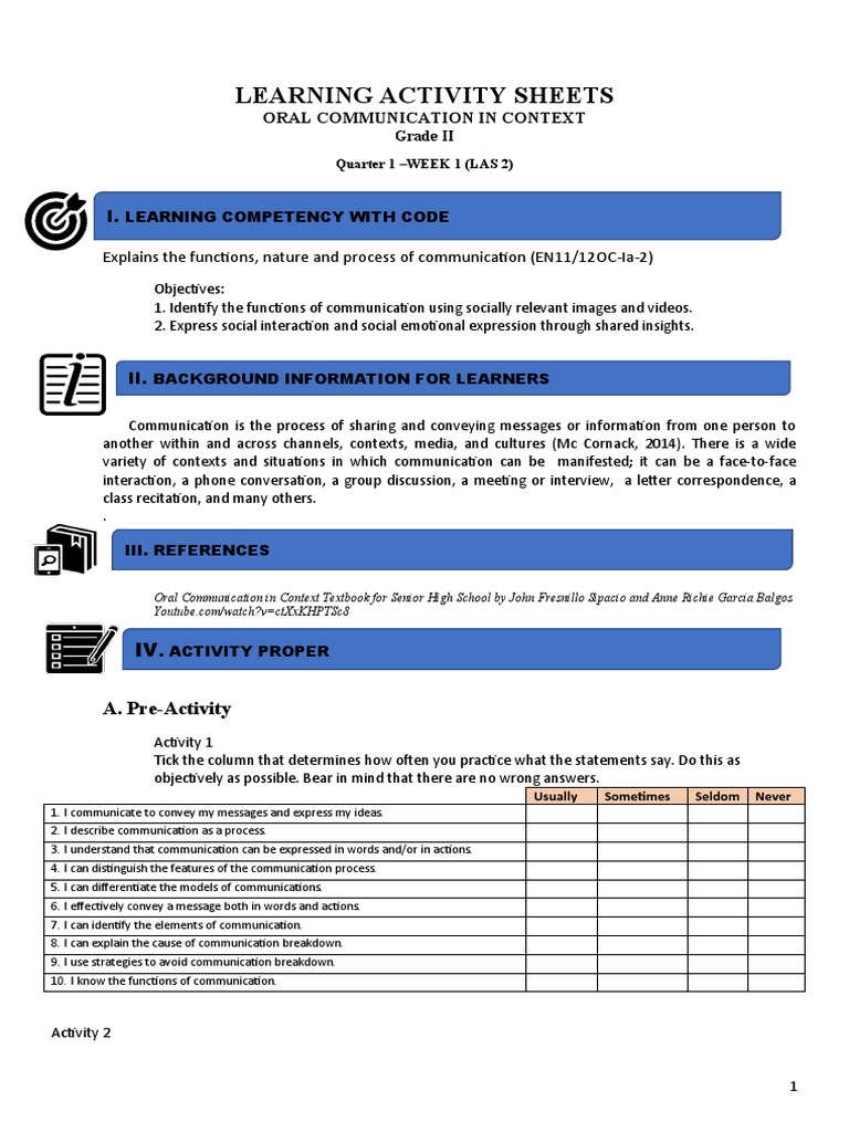 Learning Activity Sheets: Oral Communication in Context | PDF ...
