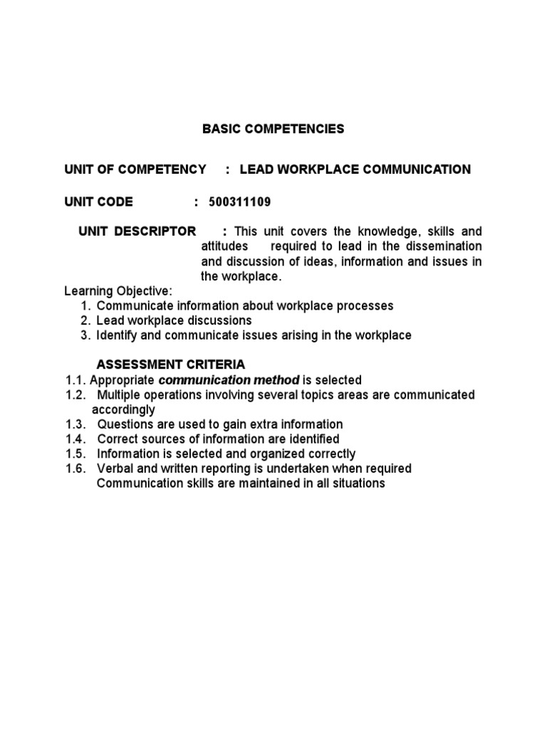 Basic Competencies Unit of Competency: Lead Workplace Communication Unit Code: 500311109 UNIT ...