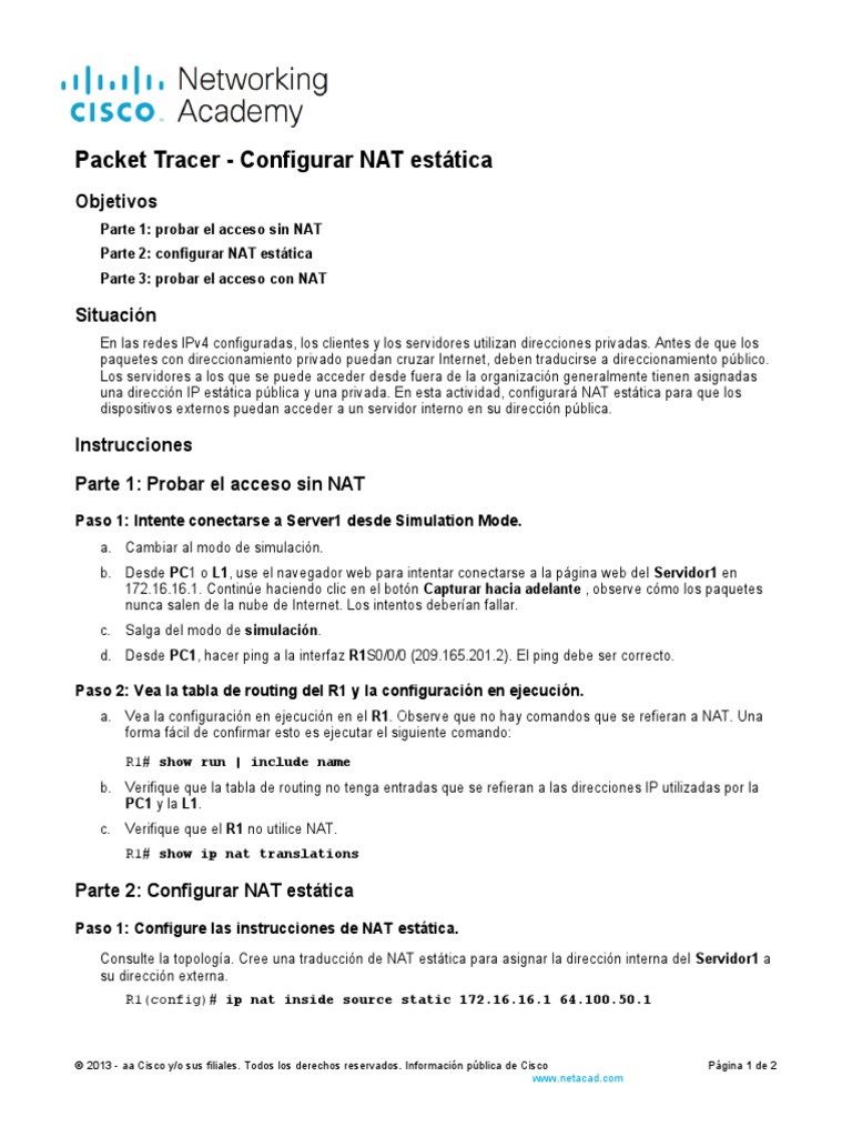 6.4.5 Packet Tracer - Configure Static NAT | PDF | Dirección IP | Protocolos de internet