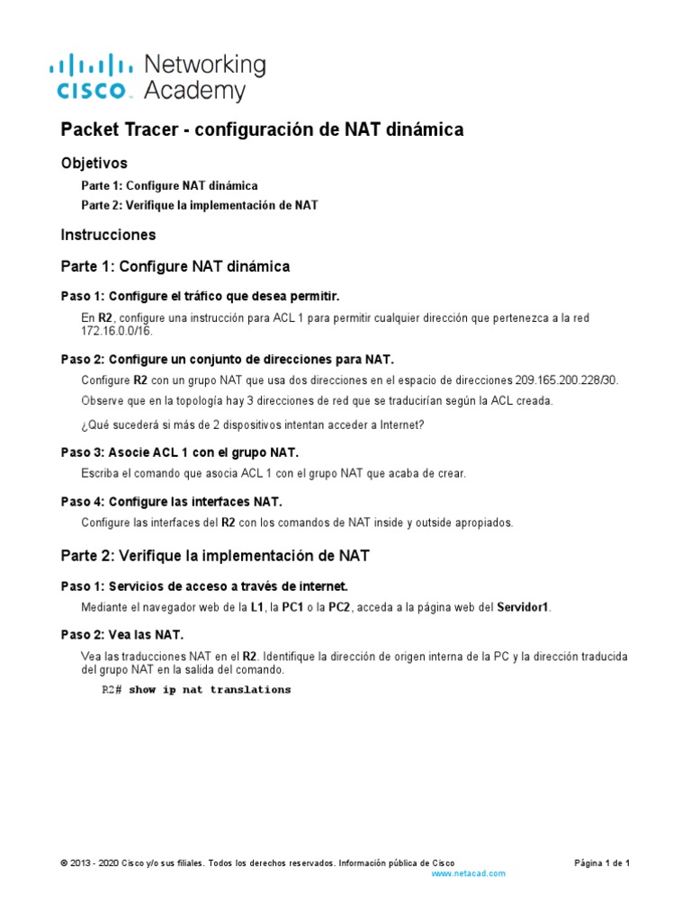 Configuración y verificación de NAT dinámico en Packet Tracer | PDF
