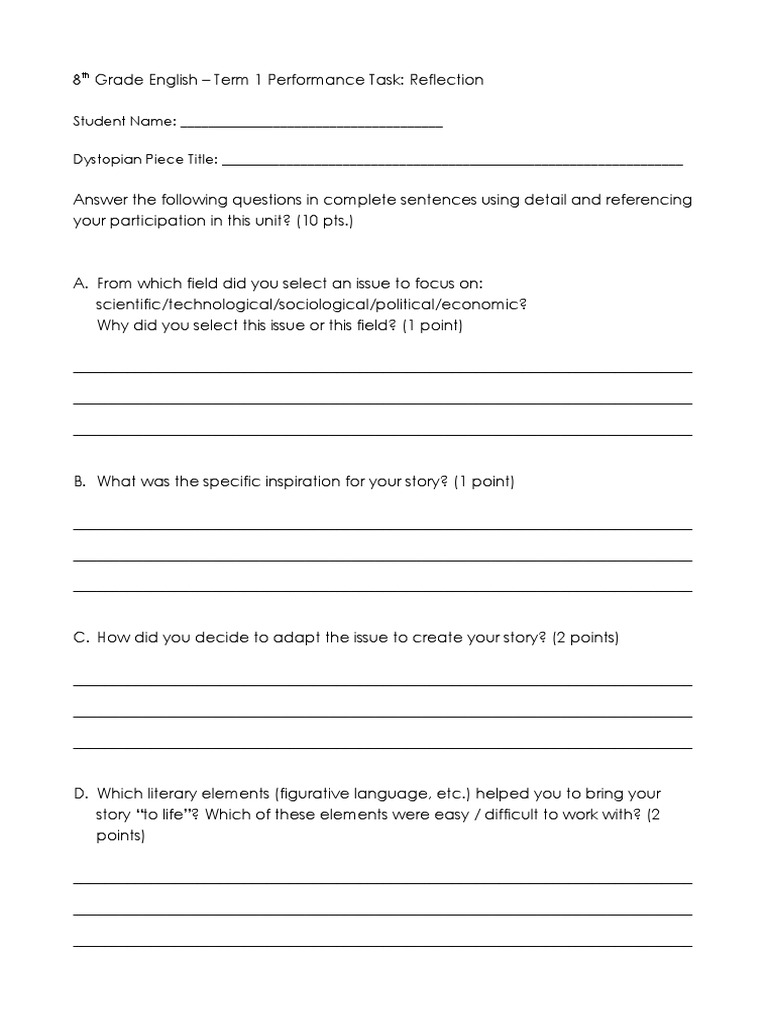 Grade 8 Unit 1 Performance Task Reflection | PDF | Dystopia