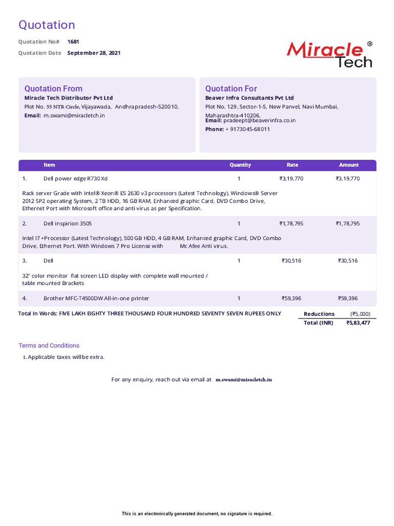 Quotation 1681 Miracle Tech Distributor PVT LTD Beaver Infra Consultants PVT LTD | PDF ...