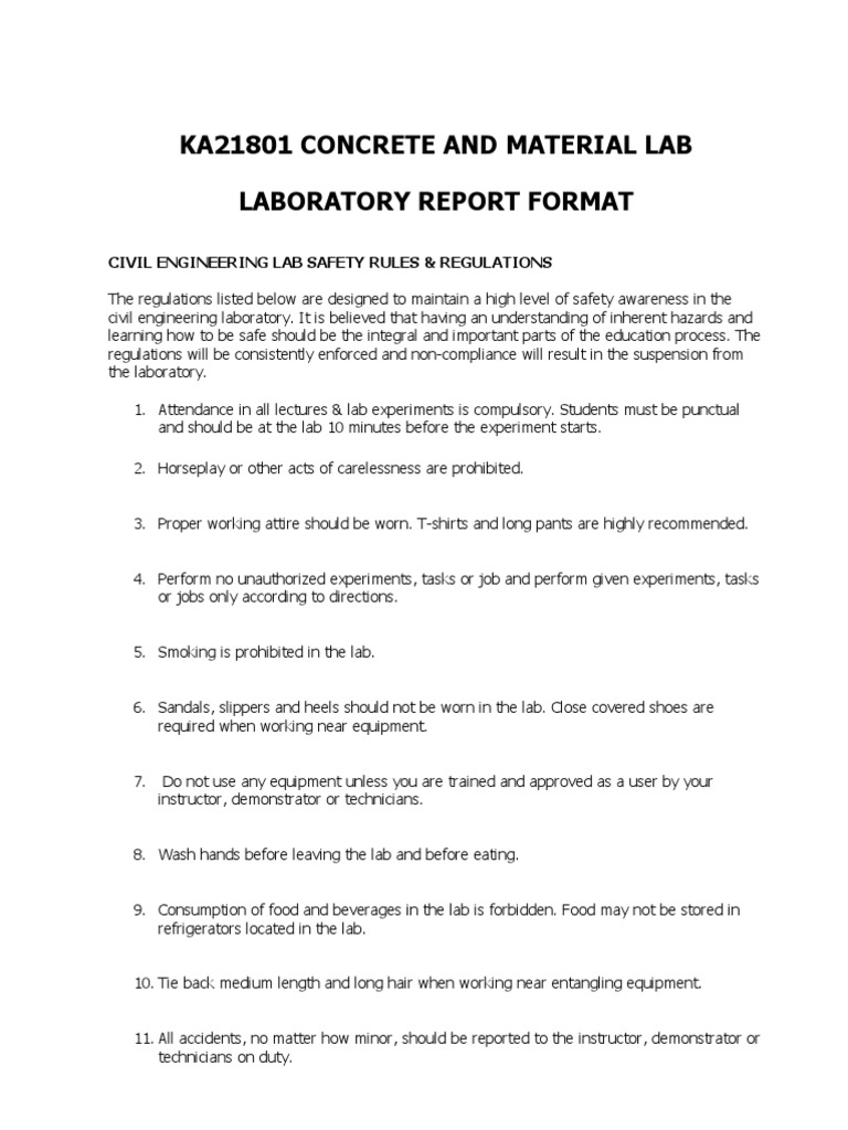 Ka21801 Concrete and Material Lab Laboratory Report Format: Civil ...