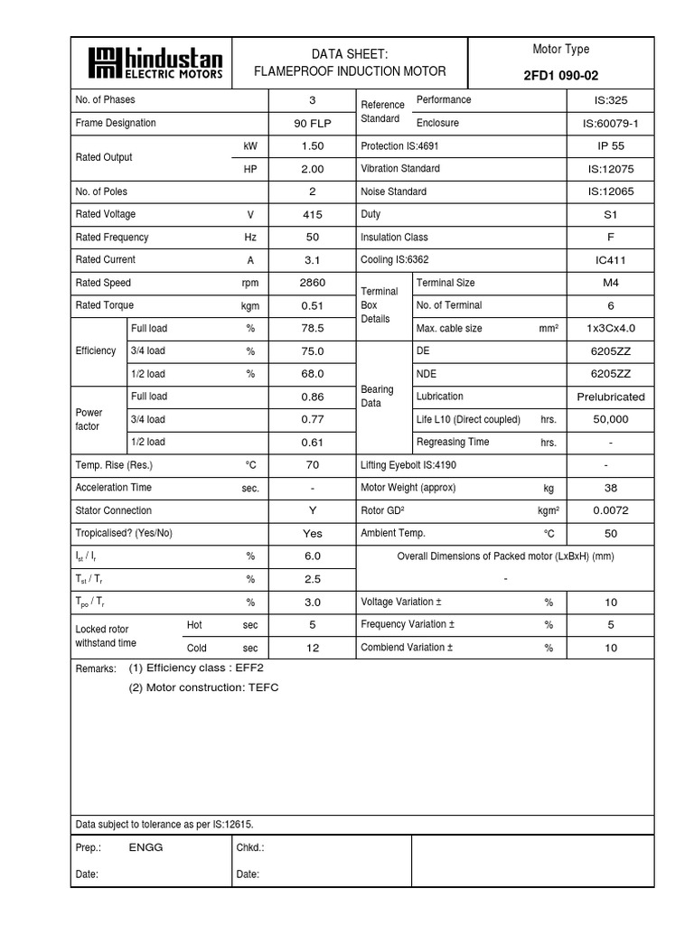 Data Sheet: Flameproof Induction Motor | PDF | Electric Motor ...