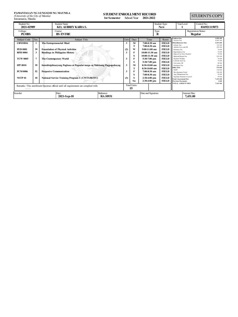 Student Enrollment Record | PDF