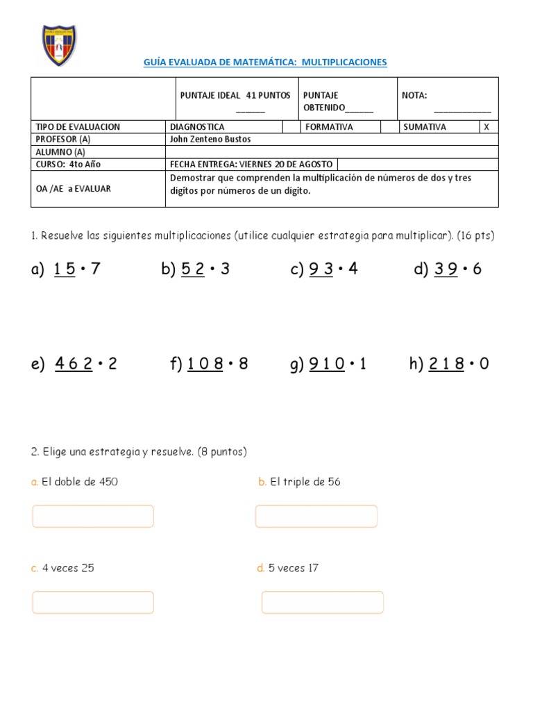 Guía Evaluada Multiplicación | PDF
