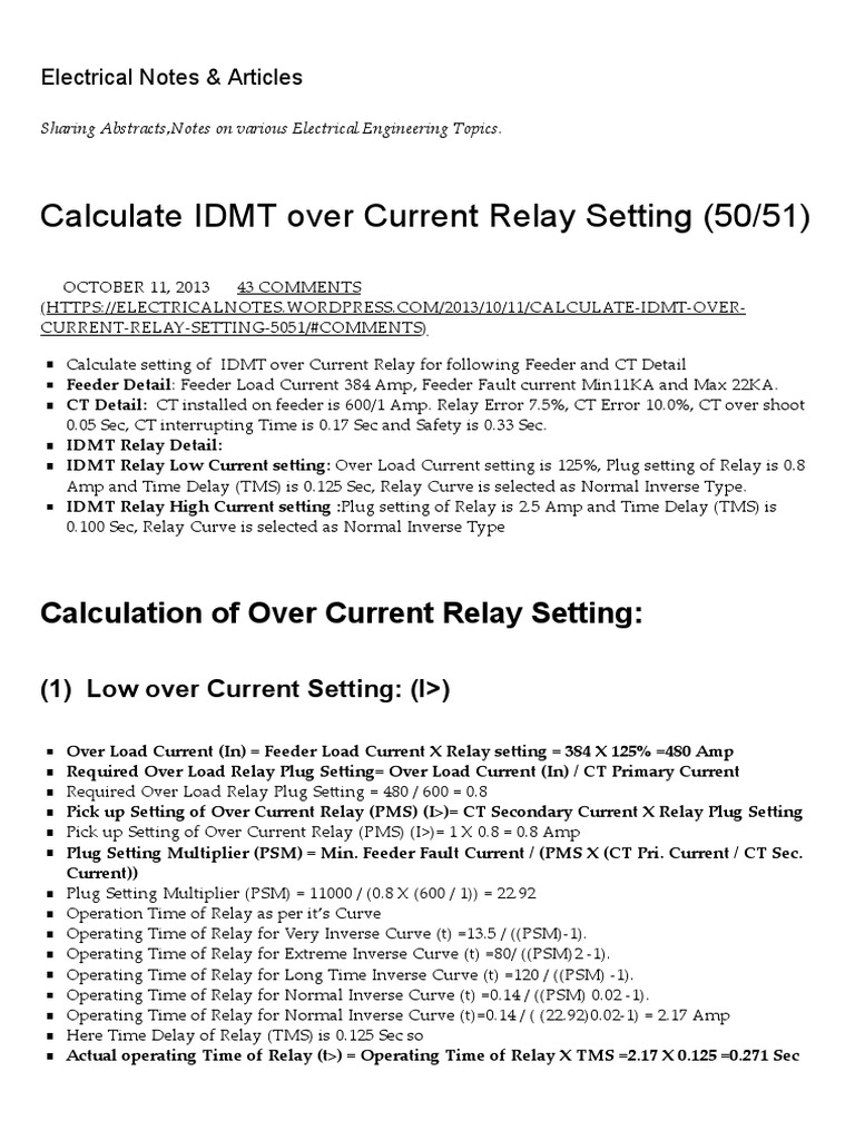 Calculate IDMT Over Current Relay Setting (50 - 51) - Electrical Notes ... Calculate IDMT Over Current Relay Setting (50 - 51) - Electrical Notes ...