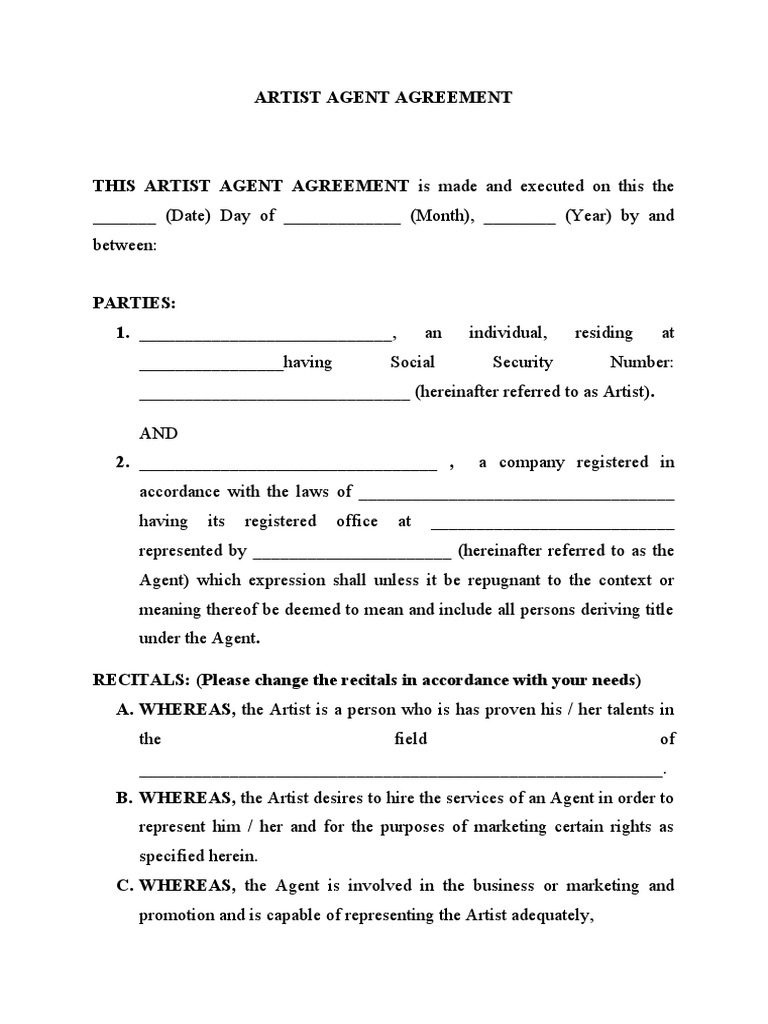 Artist Agent Agreement | PDF | Law Of Agency | Invoice