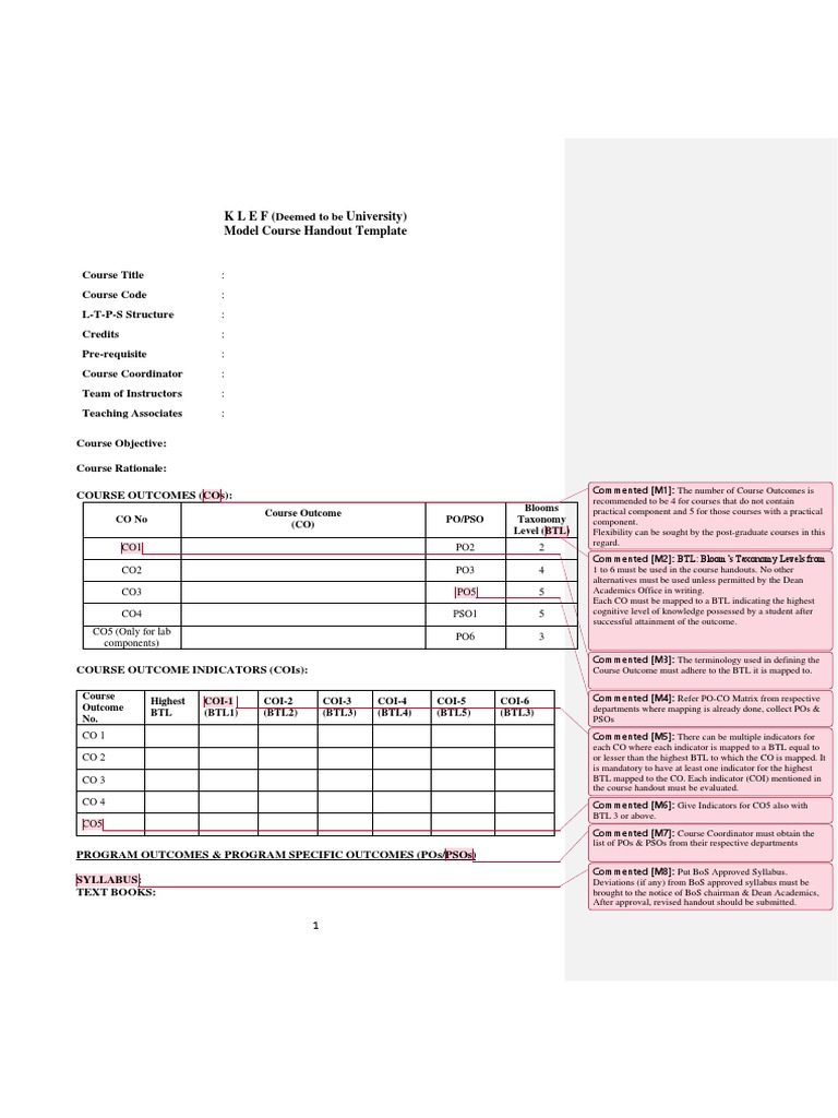 Course Handout Template With Guidelines Comments | PDF | Test ...