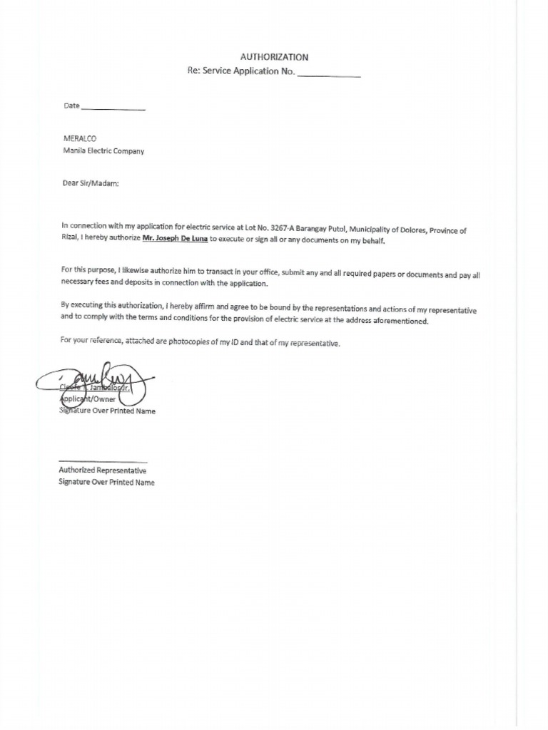 Meralco Authorization Letter For Dolores Quezon | PDF