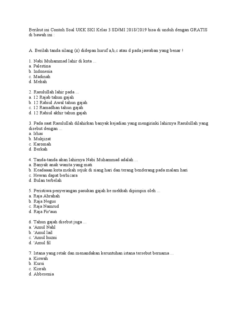 Contoh Soal UKK SKI Kelas 3 SD/MI | PDF