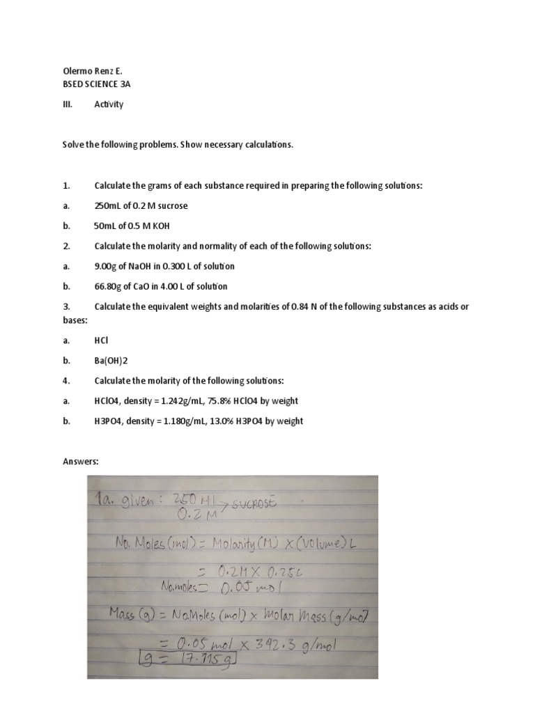 Calculate Molarity, Normality and Equivalent Weights Chemistry Problems ...
