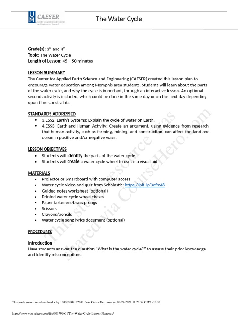 Water Cycle Lesson Plan for Grades 3-4 | PDF | Water | Water Cycle