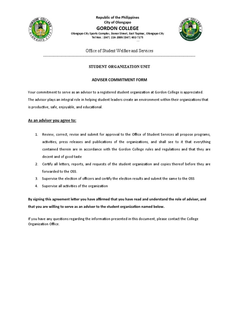 Gordon College: Adviser Commitment Form | PDF | Government | Justice