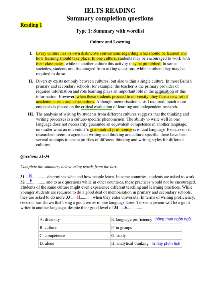 Ielts Reading Summary Completion Questions | PDF | Learning | Cognition