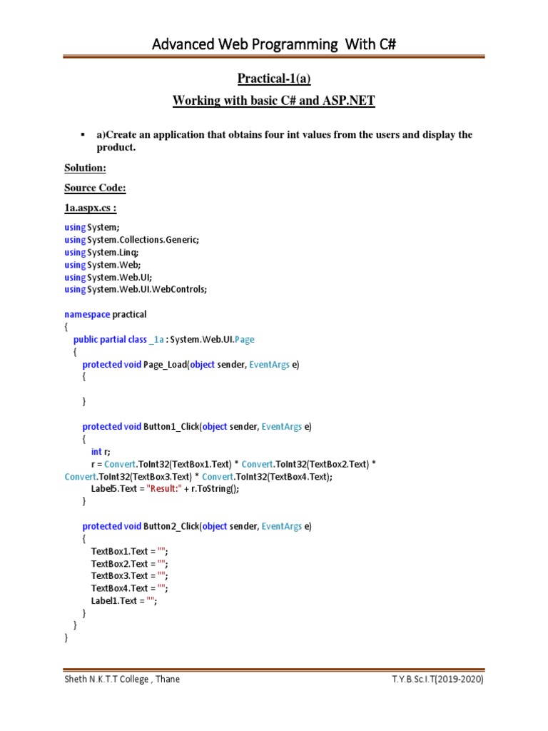 Awp Practical 1 Pdf C Sharp Programming Language Computing