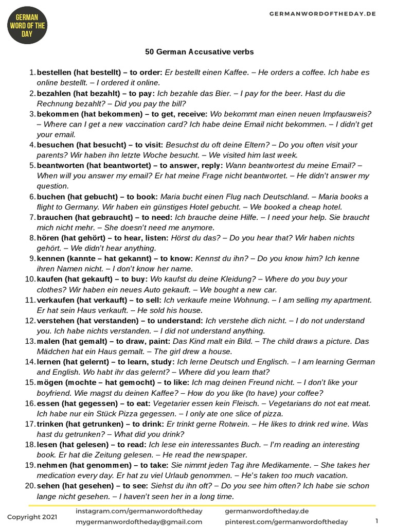 Top 50 German Accusative Verbs | PDF