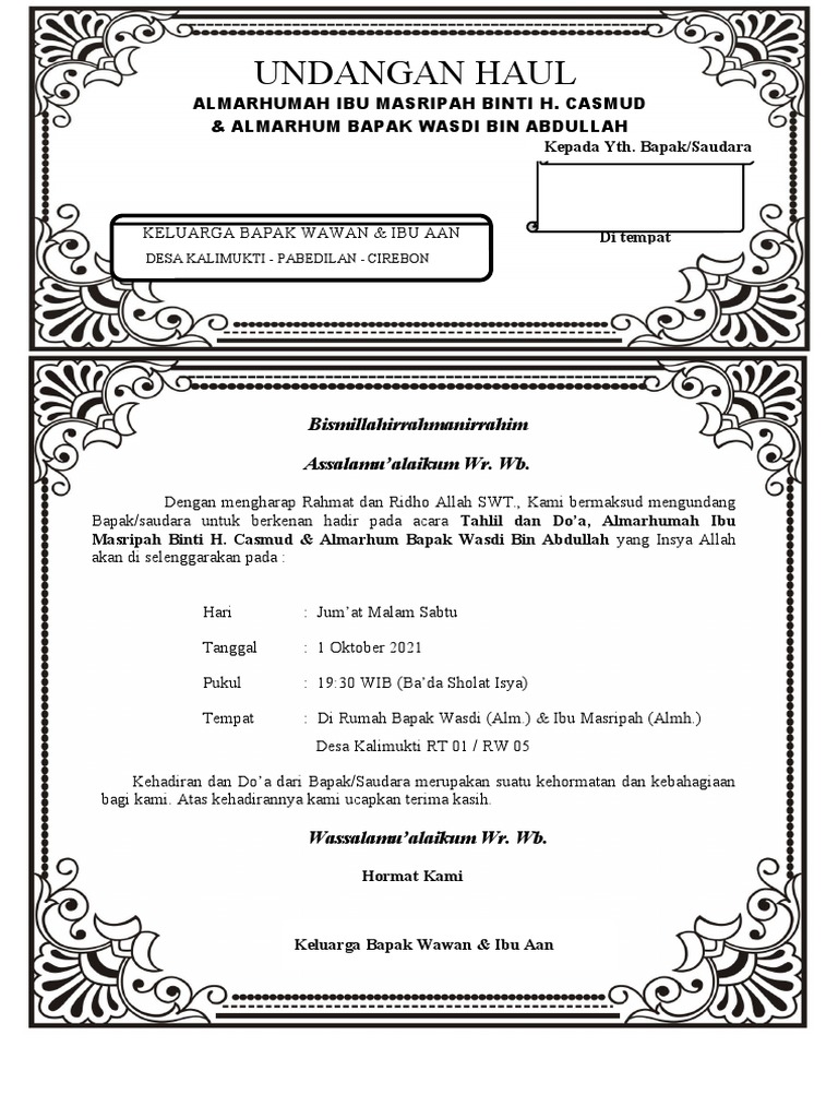 Undangan Haul Almarhum Ibu Masripah | PDF