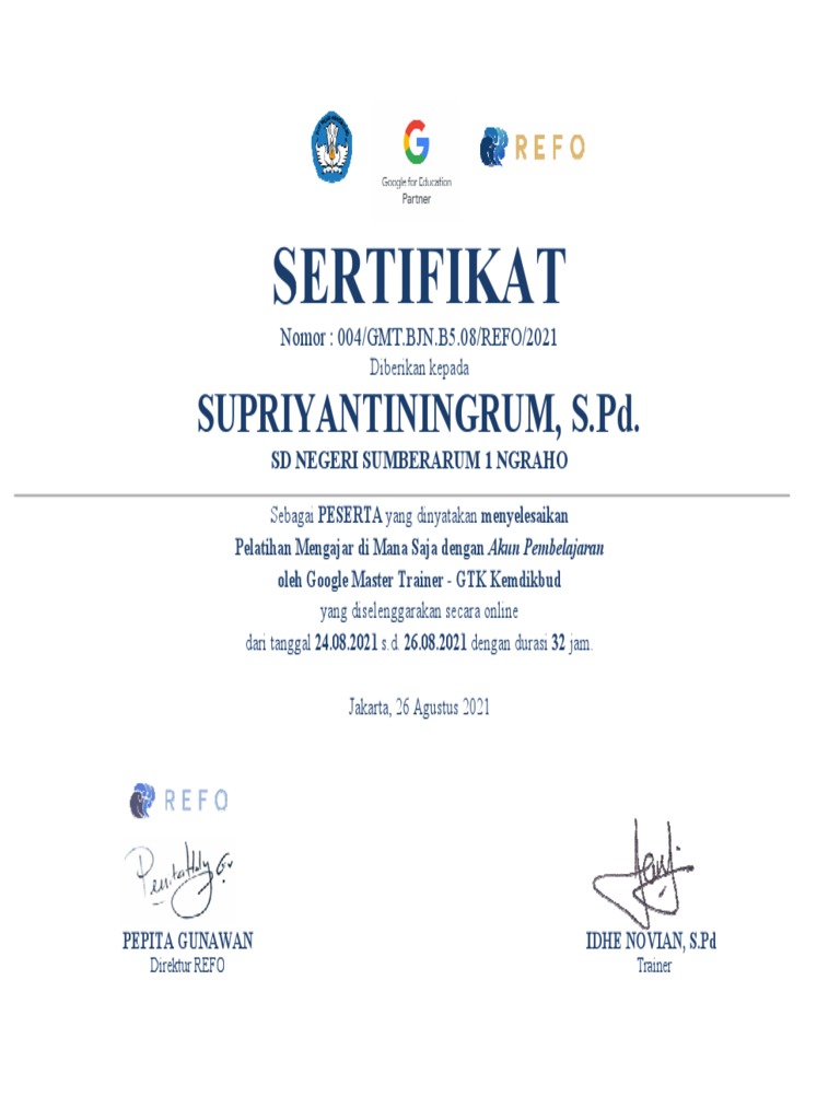 Contoh Sertifikat Google Workspace For Education | PDF