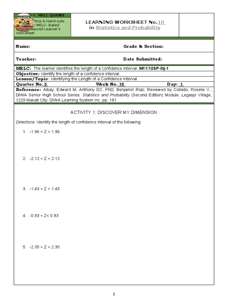 Learning Worksheet No. In: 10 Statistics and Probability | PDF | Sample ...