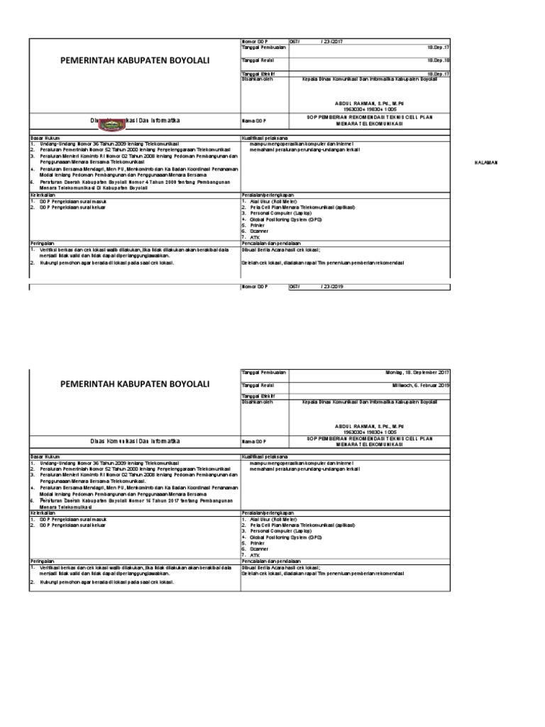 SOP Penerbitan Rekomendasi Cell Plan Menara Telekomunikasi | PDF