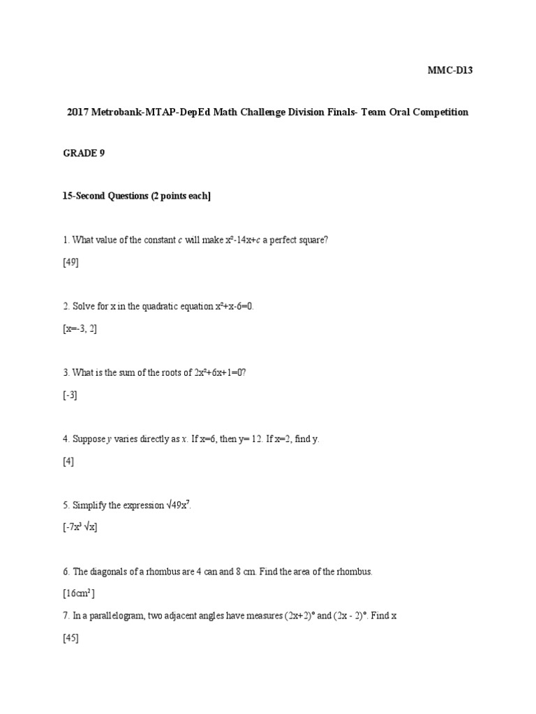 2017 Metrobank-Mtap-Deped Math Challenge Division Finals-Team Oral ...