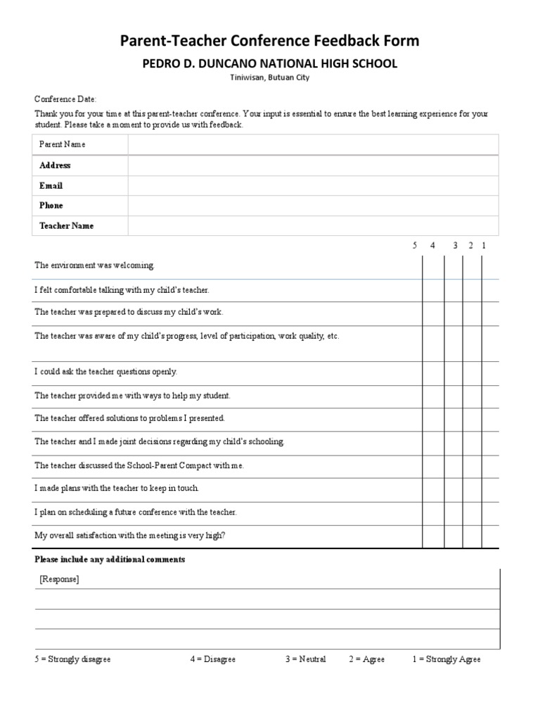 Parent Teacher Conference Feedback Form | PDF