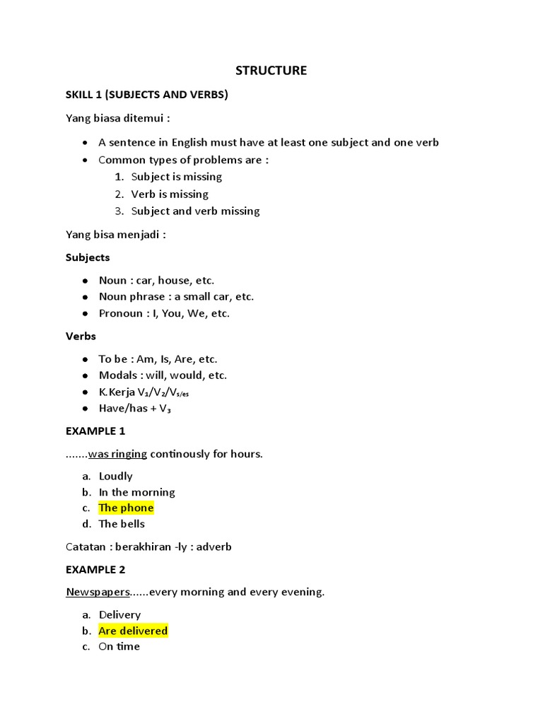 Structure: Skill 1 (Subjects and Verbs) | PDF | Verb | Subject (Grammar)