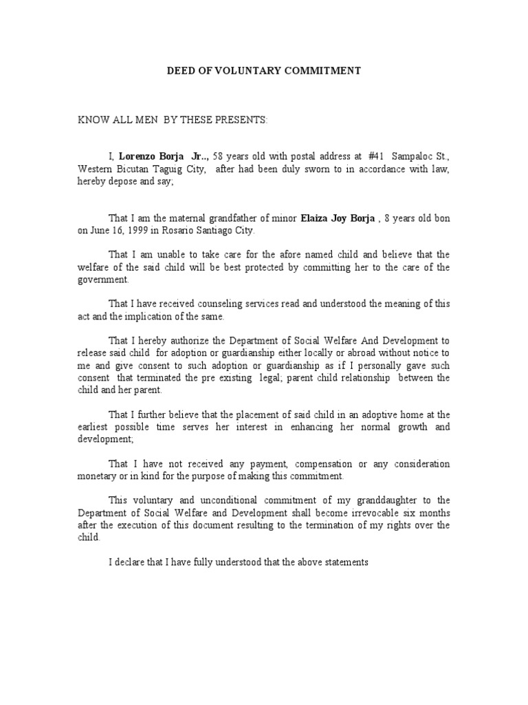 Deed of Voluntary Commitment | PDF | Affidavit | Crime & Violence