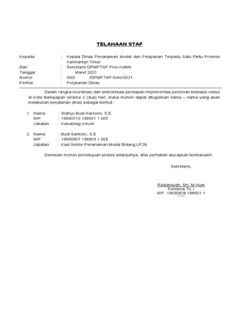 Telaahan Staf Perjalanan Dinas 2021 | PDF